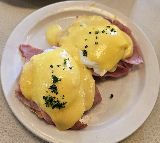 Eggs Benedict that would make a brunch snob weep with joy—perfectly poached eggs, Canadian bacon, and hollandaise sauce that's worth getting out of bed for.