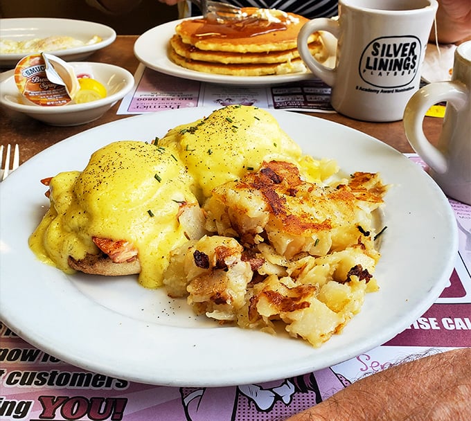 Eggs Benedict that would make a brunch snob weep with joy, while the "Silver Linings Playbook" mug nods to the diner's Hollywood moment.