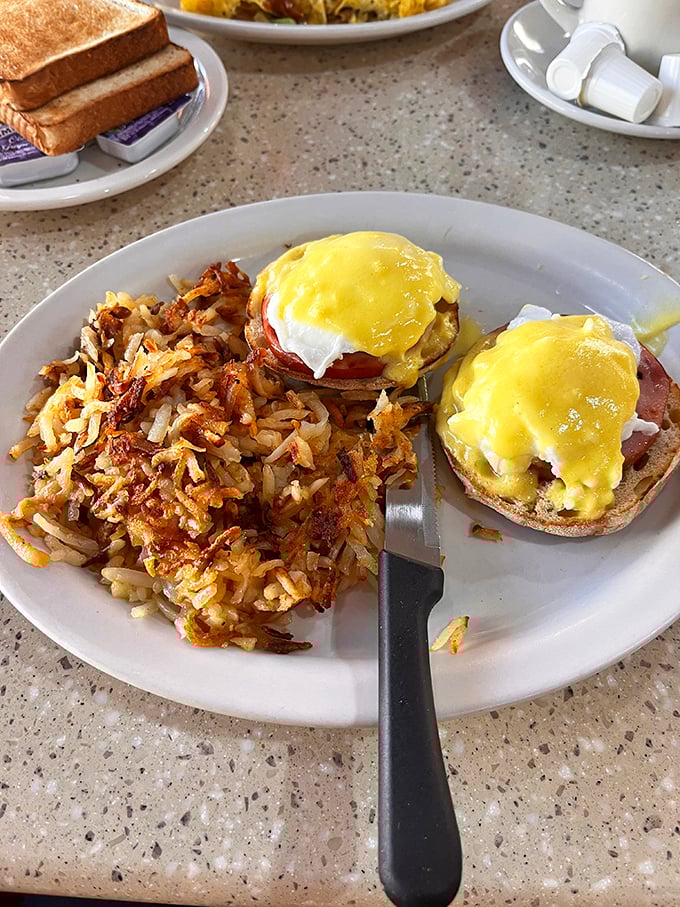 Eggs Benedict: where hollandaise dreams come true. Those golden yolks are ready to create their own sauce masterpiece.