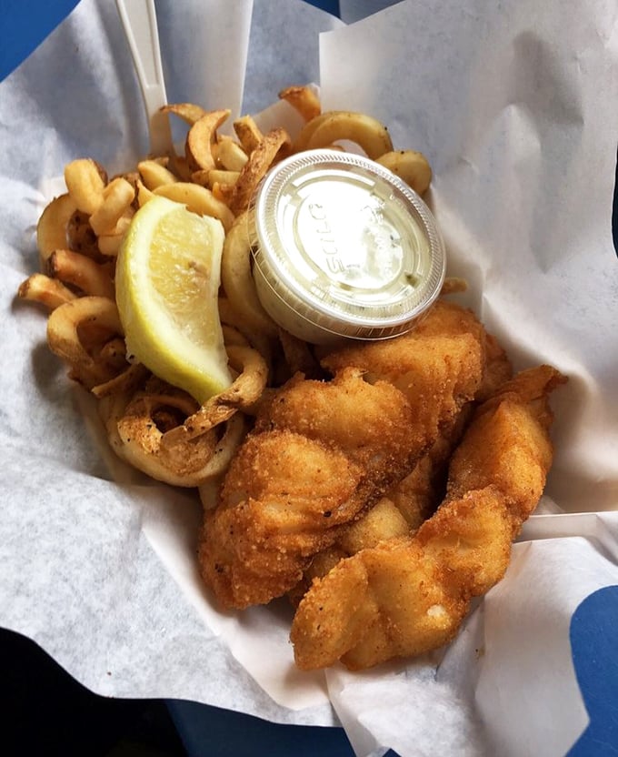 Golden-battered fish and chips that would make a British pub jealous. The crispy exterior gives way to flaky Alaskan cod that tastes like it jumped straight from ocean to fryer.
