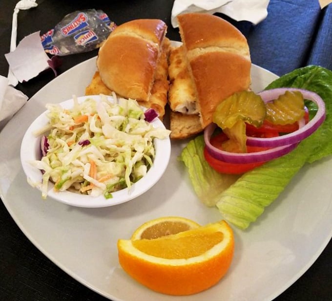 A proper fish sandwich with all the fixings – proof that sometimes the simplest pleasures are worth crossing state lines for.