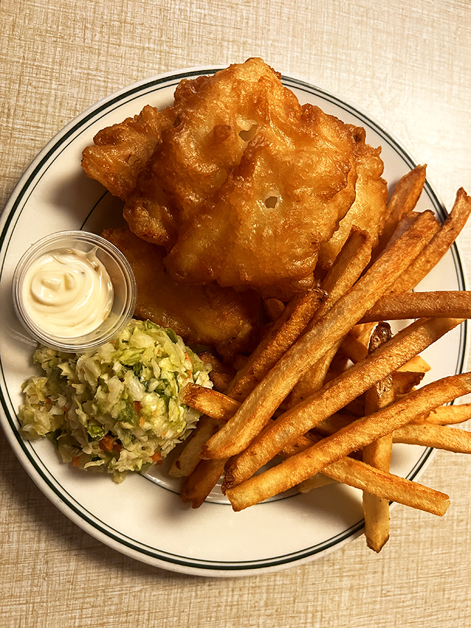 This isn't just fish and chips; it's edible nostalgia on a blue-rimmed plate, with a side of Detroit resilience and a splash of ketchup.