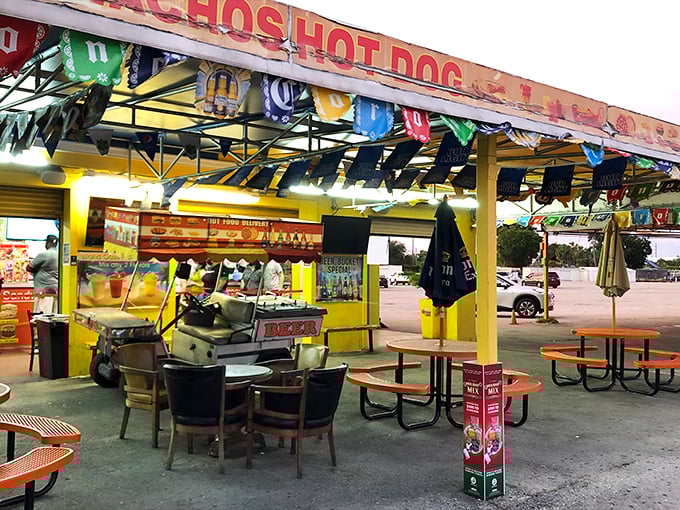 The hot dog stand of dreams, where baseball pennants flutter overhead and the promise of a perfectly grilled frank makes waiting in line a pleasure.