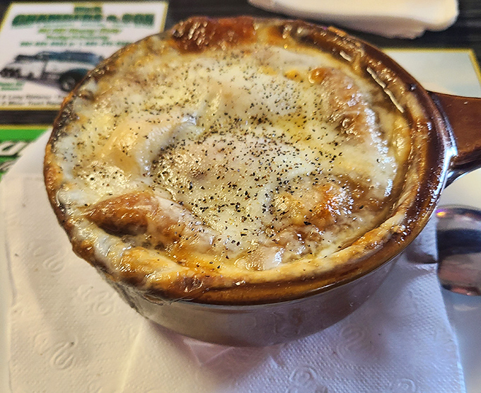 French onion soup that's more cheese pull than soup. When the top is this perfectly browned and bubbly, you know you've hit the comfort food jackpot.