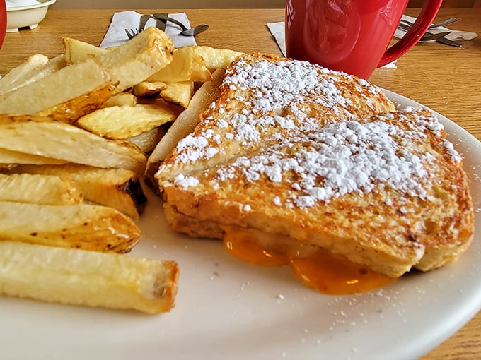 French toast dusted with powdered sugar that transforms breakfast into dessert—yet somehow still counts as the most important meal of the day.