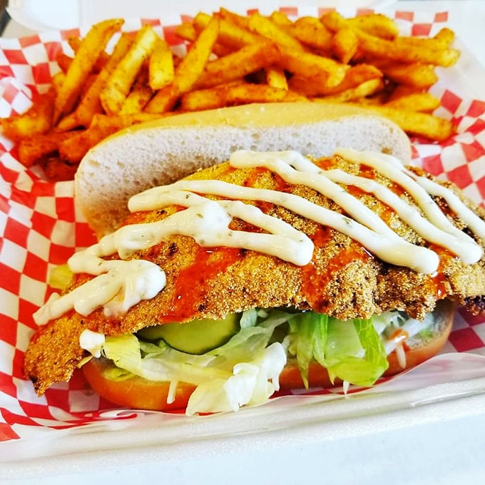 A perfectly golden chicken sandwich with cooling slaw and ranch drizzle—proof that balance exists even in Nashville's fiery culinary universe. Those seasoned fries aren't just sides; they're essential equipment.