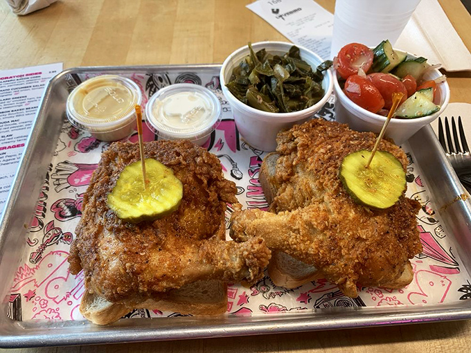 Southern hospitality on a metal tray—golden chicken with the perfect crunch factor, flanked by collards and tomato cucumber salad for guilt management.