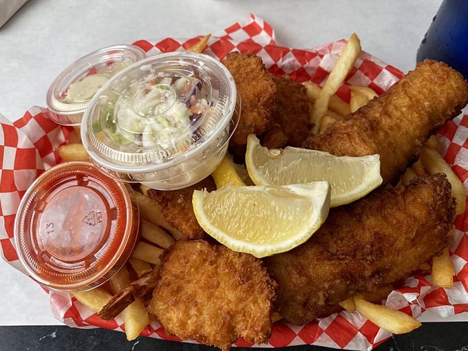 Fish and chips that would make Neptune himself swim to shore. The golden batter crunch gives way to perfectly flaky fish.