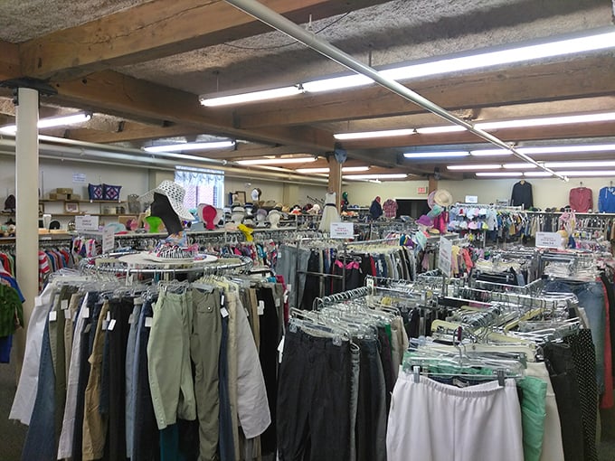 The clothing section stretches toward infinity, a textile galaxy organized by size and type. Somewhere in this sea of fabric lies your next favorite outfit.