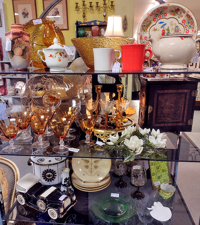 Raise a glass to the past! This dazzling display of amber glassware and delicate china would make even Downton Abbey's butler envious.