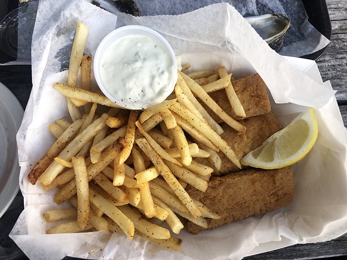 Crispy, golden fish nestled among perfectly seasoned fries—proof that sometimes the simplest pleasures are the most satisfying.