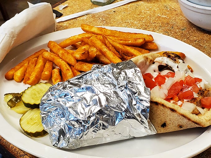A Mediterranean vacation wrapped in foil—this gyro brings a touch of Athens to Oregon, Ohio, complete with the perfect fry companions.