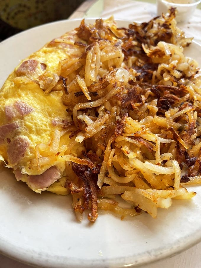 An omelette and hash browns that would make your cardiologist wince but your soul sing. Worth every delicious, crispy bite.