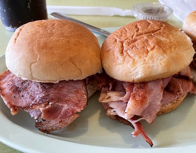 Ham sandwiches that remind you why simplicity often trumps complexity. Thick-cut, perfectly smoked meat that needs nothing more than a soft bun.