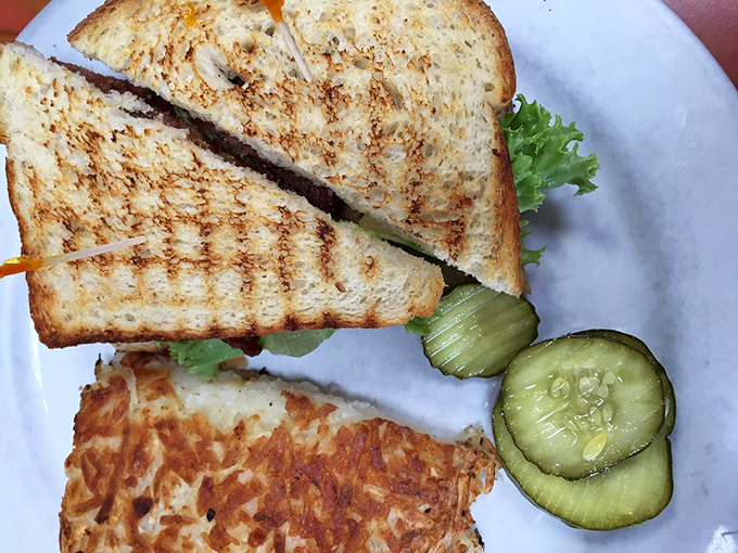 The humble sandwich elevated to art form, with perfectly golden hash browns standing guard. That pickle isn't just garnish—it's necessary balance.