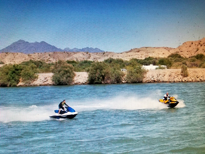 Weekend therapy, Blythe-style! Nothing cures the workweek blues like carving across the Colorado River on personal watercraft with mountains as your audience.