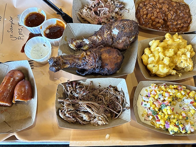 The sampler platter—nature's way of saying "why choose one meat when you can have them all?" Note the corn relish providing the illusion of vegetable responsibility.