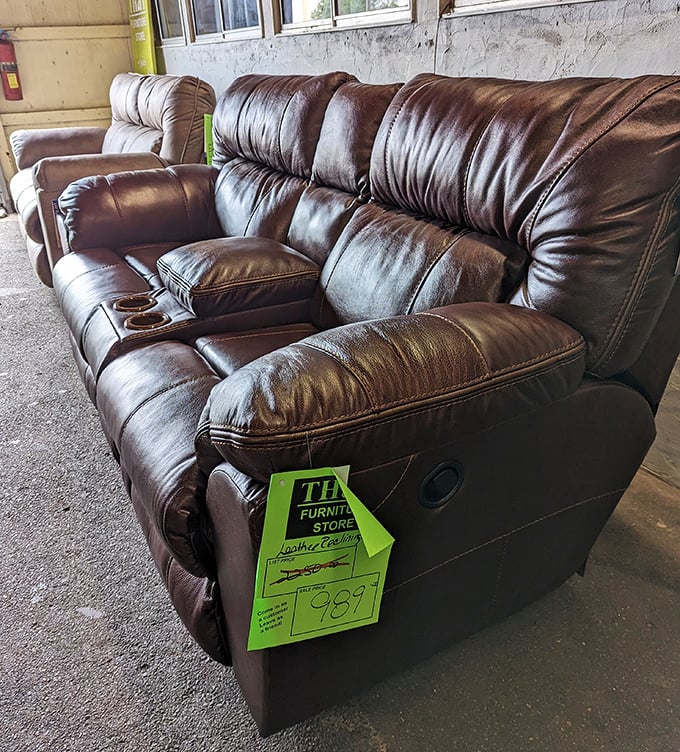 This leather recliner isn't just furniture—it's an invitation to put your feet up after a long day of bargain hunting.