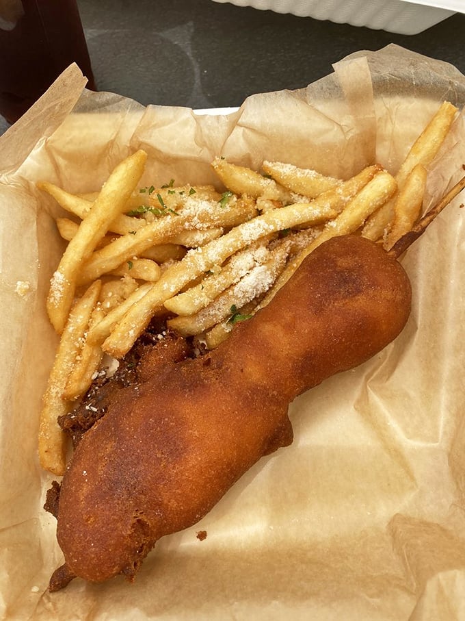 Whoever decided to put lobster in corndog form deserves a Nobel Prize. This golden-fried creation makes state fair food look like amateur hour.