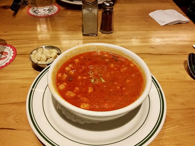 Manhattan clam chowder that's all sass and tomato tang—the kind that would make a New Yorker nod in silent, rare approval.
