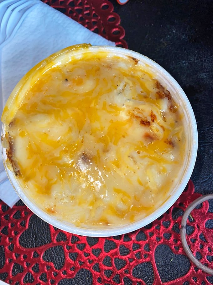 Mac and cheese that's achieved celebrity status—golden, bubbling, and causing more double-takes than a Hollywood star at the grocery store.