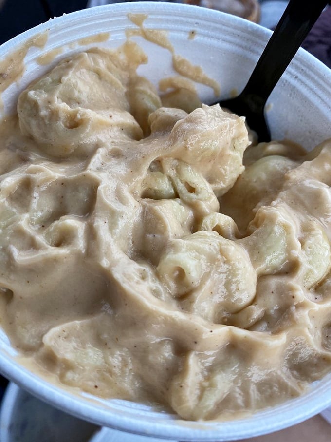 Mac and cheese so creamy it should require a lifeguard on duty. This isn't just comfort food; it's a warm hug in a bowl.