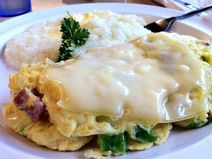 This cheese-blanketed omelet with its parsley crown might make you forget you're 2,000 miles from the Mason-Dixon line.