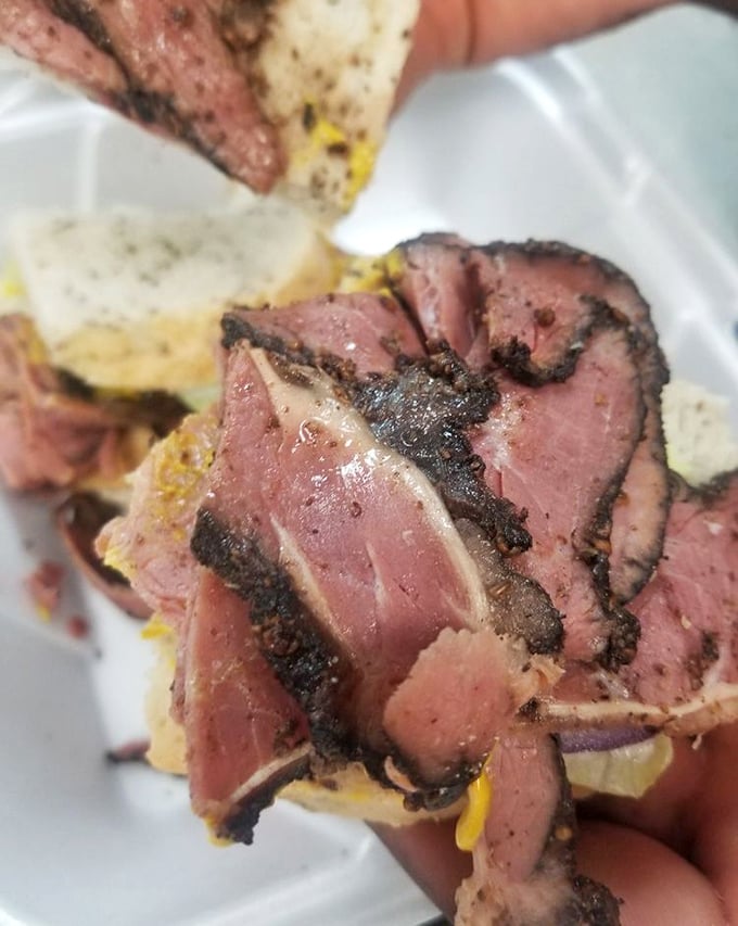 This isn't just pastrami – it's a masterclass in meat, with each slice displaying that perfect pink interior and peppery crust that deli dreams are made of.