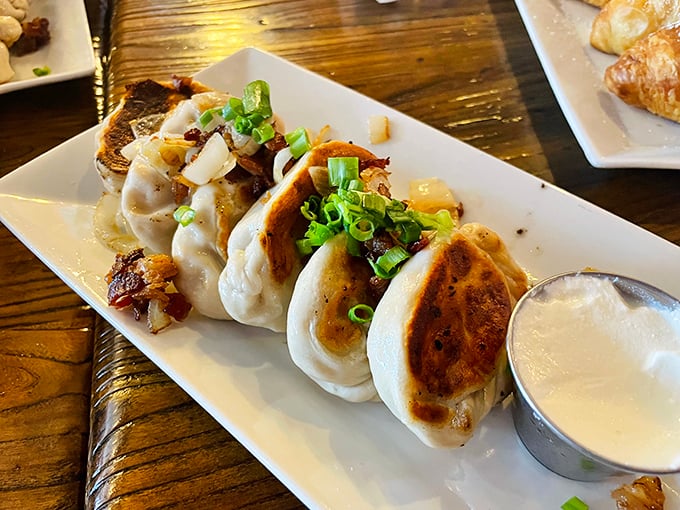 These aren't your babushka's pierogies—they're pillowy pockets of perfection with a side of dipping sauce that'll make you consider drinking it straight.