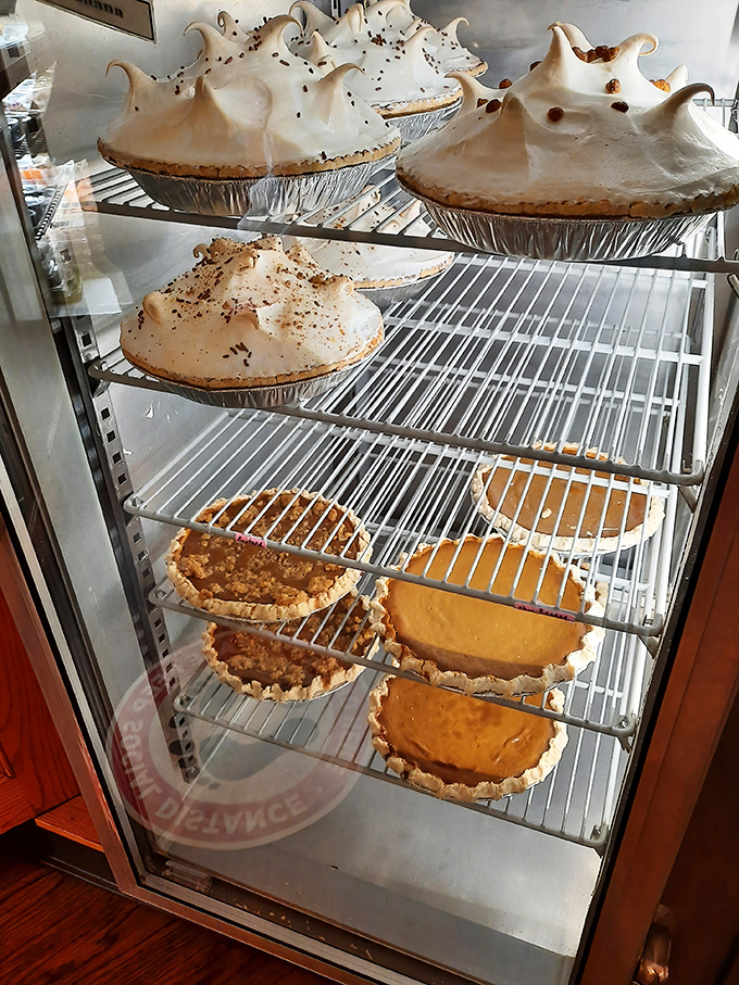 The pie case at Das Dutch Haus isn't just a display—it's a shrine to the art of American dessert-making. That meringue could have its own ZIP code.