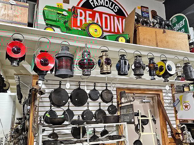 Cast iron that puts modern cookware to shame hangs alongside vintage lanterns that have illuminated decades of Ohio evenings.