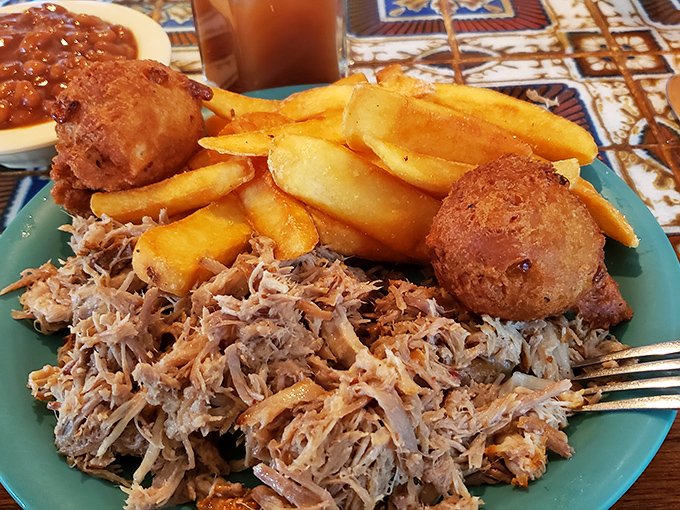 Pulled pork so tender it practically shredded itself, paired with golden fries and hush puppies that could make a vegetarian question their life choices.