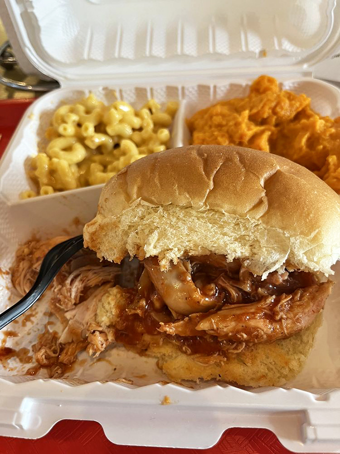 The pulled pork sandwich refuses to be contained by mere bread, making a glorious escape attempt while the mac and cheese stands by as a willing accomplice.