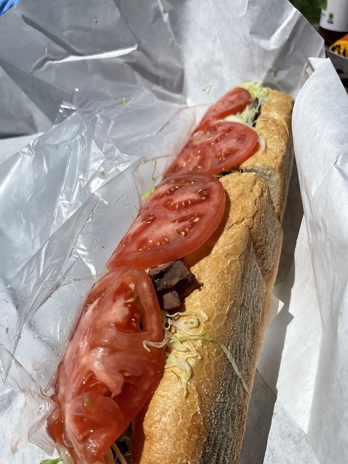 Behold the Roast Beef Hoagie—where thinly sliced tomatoes and crusty bread create the perfect backdrop for meat that clearly wasn't rushing to meet you.