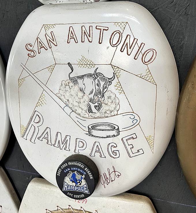 Texas pride on porcelain! This San Antonio Rampage hockey-themed seat proves sports fandom knows no boundaries—not even bathroom boundaries.