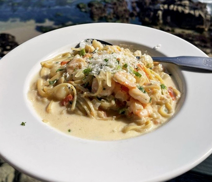 Creamy seafood pasta that makes you want to high-five the chef. The ocean view is just a bonus to this plate of comfort.