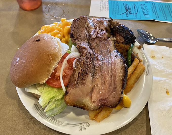 This isn't just a plate—it's a carnivore's dream come true. That brisket has clearly been slow-dancing with smoke for hours.