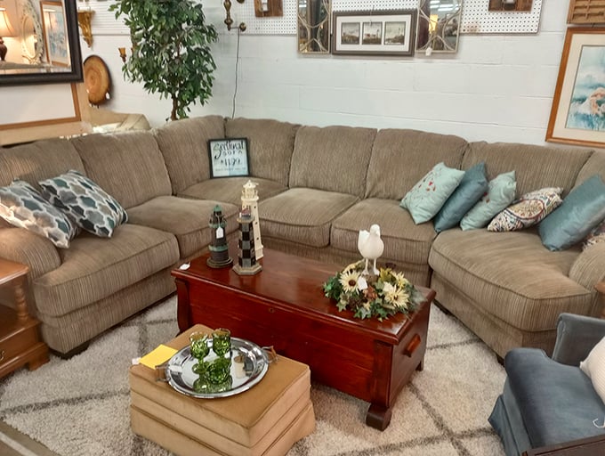 The sectional that ate Manhattan! This cozy corduroy giant with its perfectly placed pillows practically begs you to cancel plans and binge-watch something.