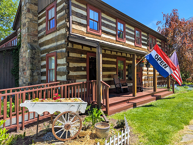 This historic log cabin shop welcomes visitors with authentic frontier charm—no WiFi password needed, just genuine Americana that Instagram filters try desperately to replicate.