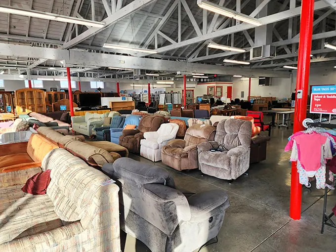 The warehouse-like interior defies the laws of physics—somehow containing more square footage of treasures than should be mathematically possible.