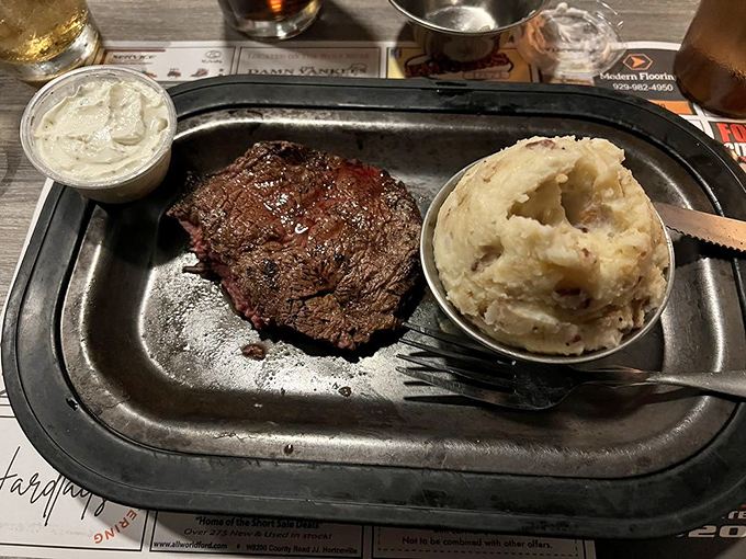 A perfectly cooked steak alongside cloud-like mashed potatoes. This plate doesn't need fancy garnishes—it lets quality speak for itself.