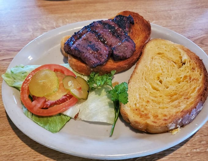The steak sandwich doesn't mess around—just quality beef on golden cheese toast with fresh veggies. No foodie hashtags needed, just satisfaction guaranteed.