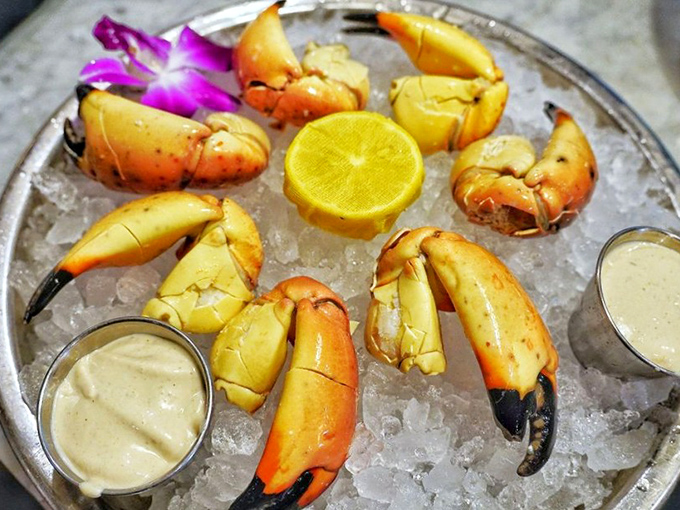 Stone crab claws arranged like a delicious flower, with lemon as the centerpiece. Nature's perfect finger food served on ice—Florida's edible treasure.