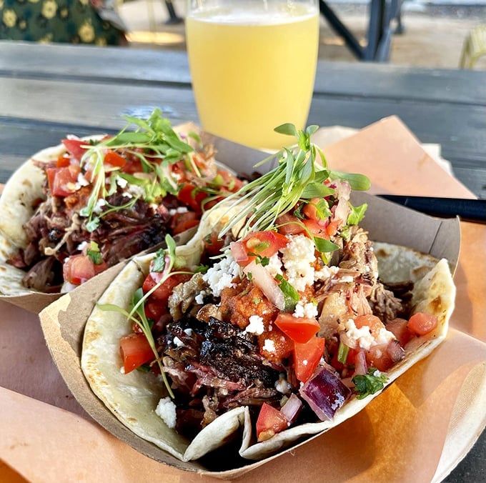 Barbecue tacos: where Texas meets California in perfect harmony. Fresh pico, cotija cheese, and smoky meat create a cross-cultural masterpiece.