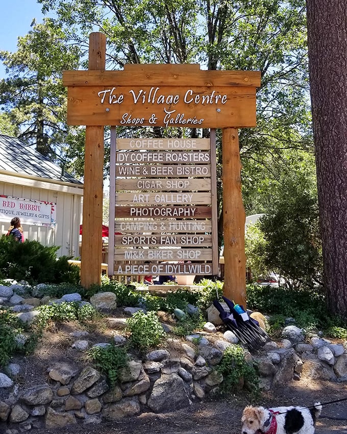The Village Centre sign reads like a mountain town's greatest hits album – coffee, wine, cigars, and art all within a pine cone's throw.