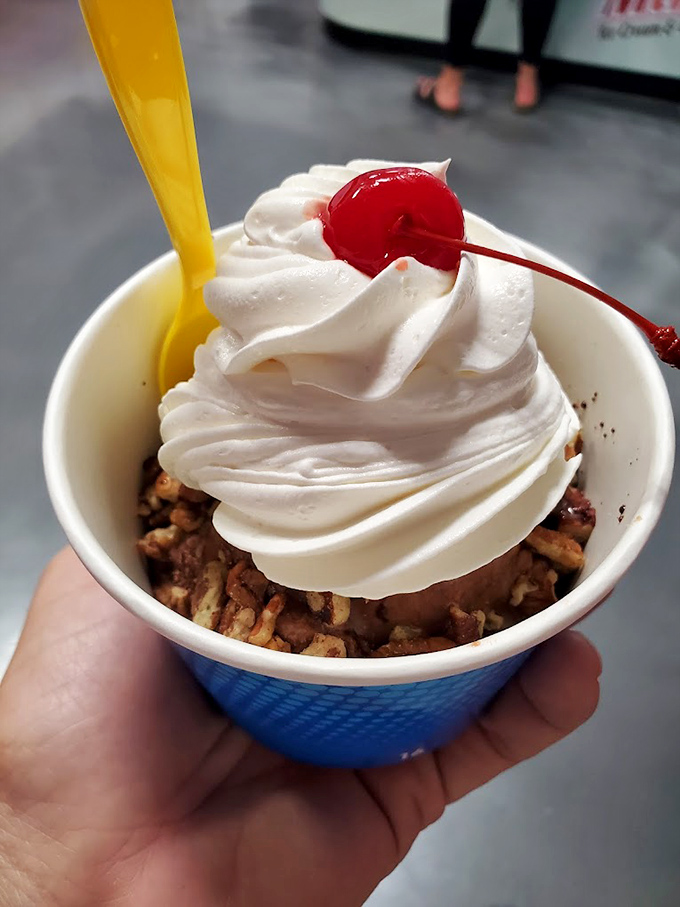 Not just a sundae—it's an engineering marvel of ice cream, whipped cream, and a cherry that deserves its own spotlight on Broadway.