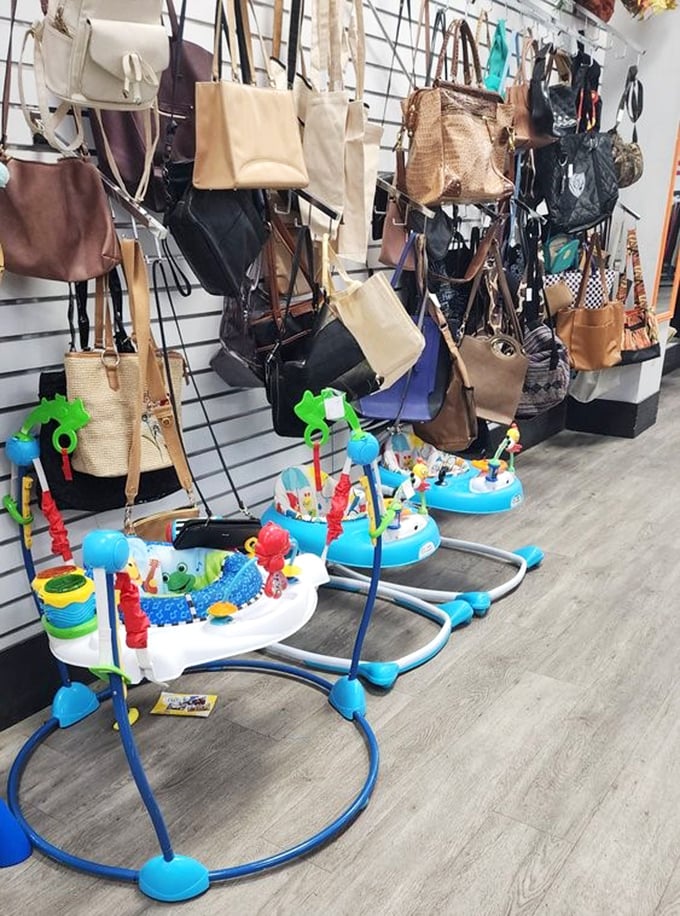 Designer handbags mingle with baby bouncers in the circle of secondhand life. One shopper's decluttering mission becomes another's perfect find.