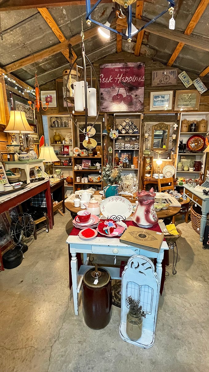 "Seek Happiness" indeed! This corner feels like your coolest grandmother's attic, if she collected everything with impeccable taste.