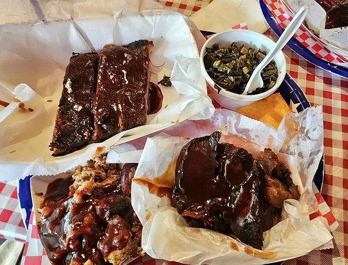 Not so much a meal as a religious experience. Ribs, brisket, pulled pork, and collard greens—this platter is what BBQ dreams are made of.