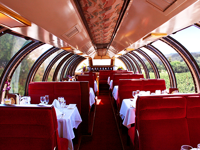 The Vista Dome car offers a 180-degree panorama of Napa's splendor. It's like dining inside a postcard—one that happens to serve excellent cabernet.